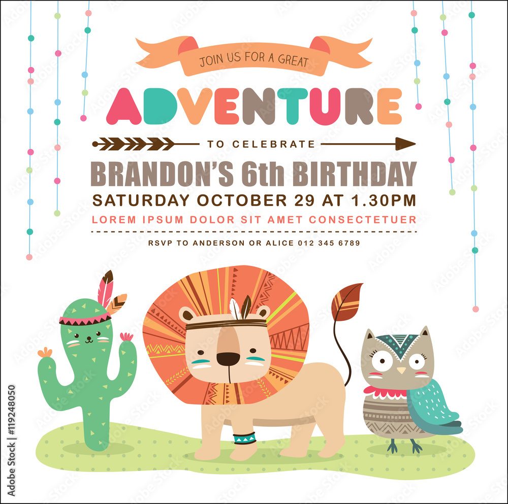 Kids birthday invitation card with cute cartoon animal Stock Vector ...