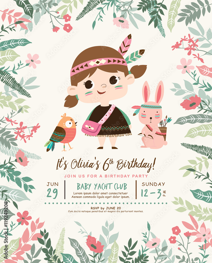 Kids birthday party invitation card with a cute little girl and friends ...