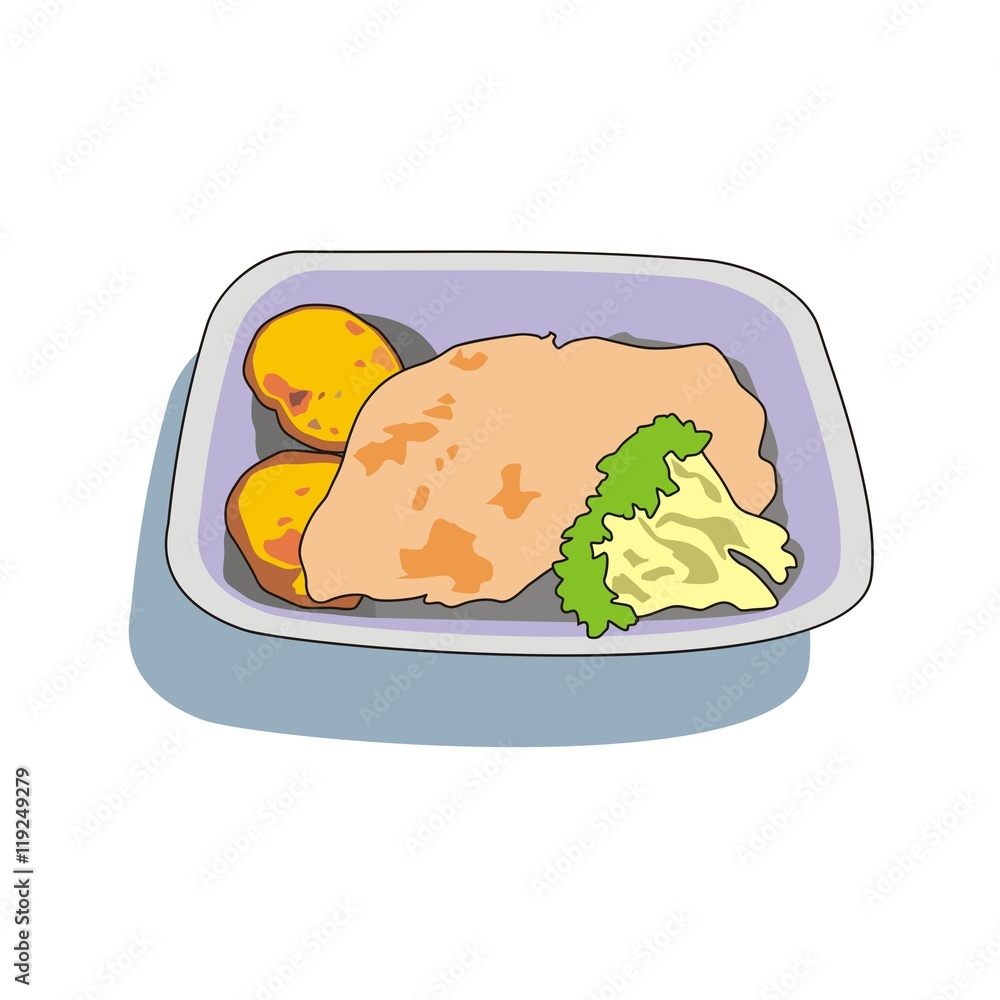 Vector square cup of chicken with fried potatoes and broccoli Stock ...