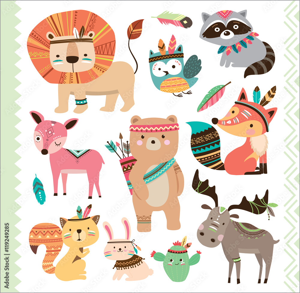 Set of cute tribal animals in cartoon style Stock Vector | Adobe Stock