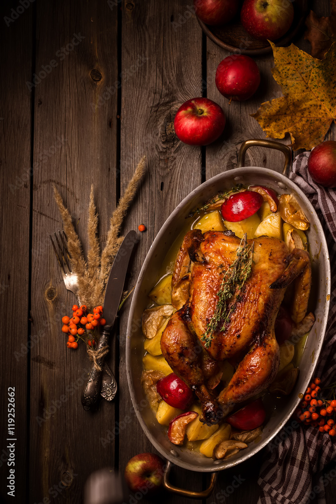 Served roasted stuffed Thanksgiving Turkey. Top view.Space for text ...