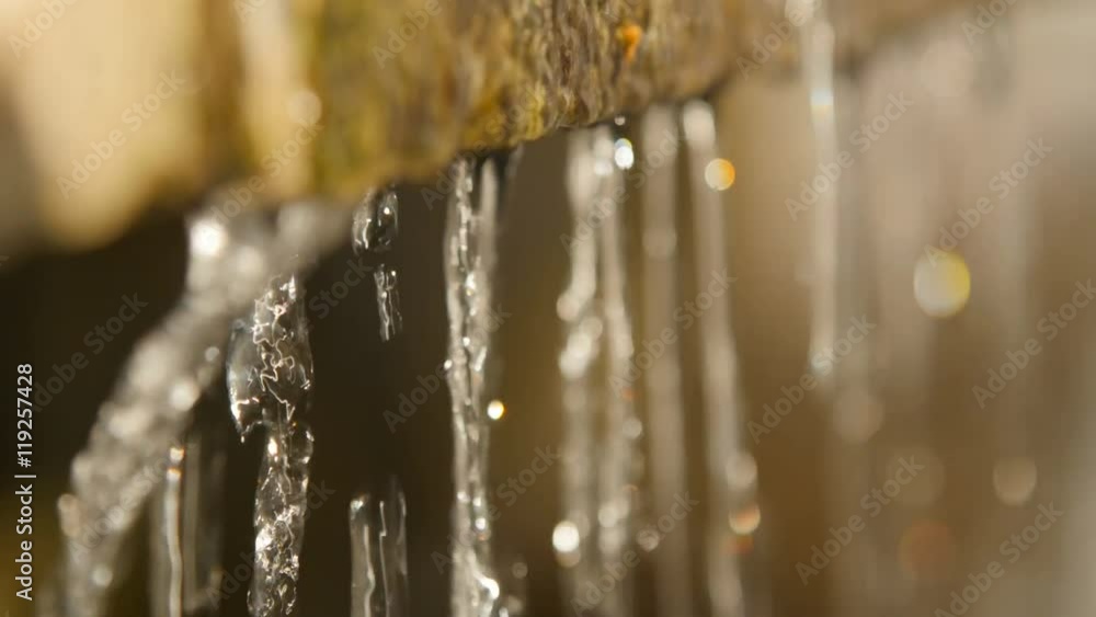 Close-up of the dripping water, in the sunlight. Shallow depth of field ...