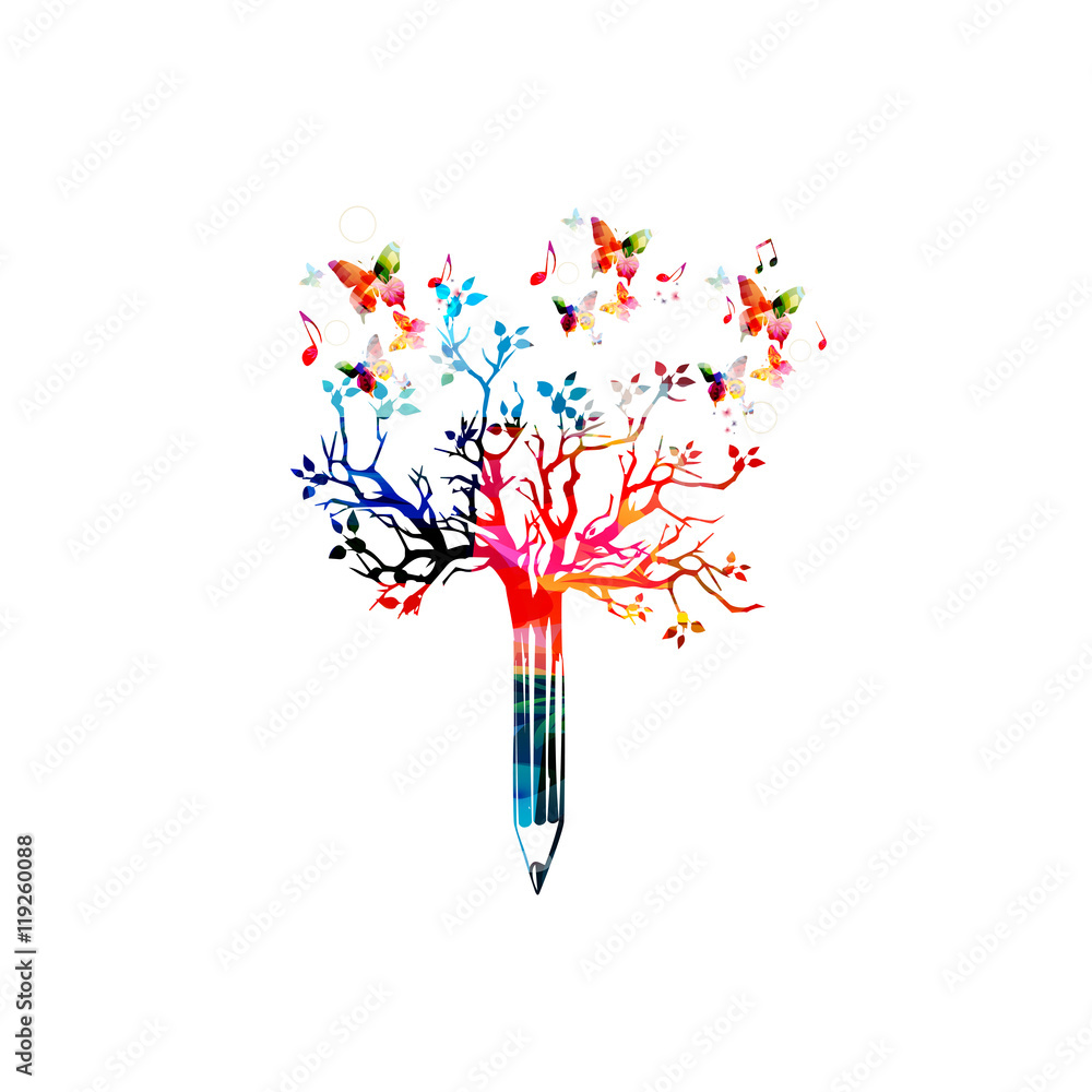 Colorful pencil tree vector illustration with butterflies. Design for ...