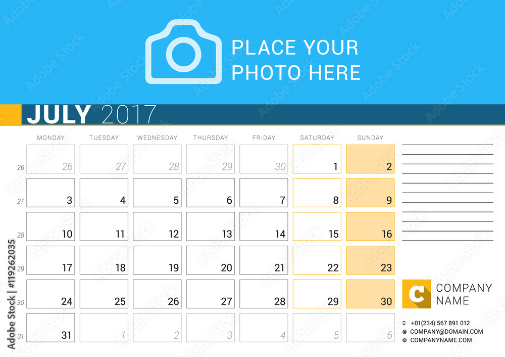 Desk Calendar for 2017 Year. July. Vector Design Print Template with ...