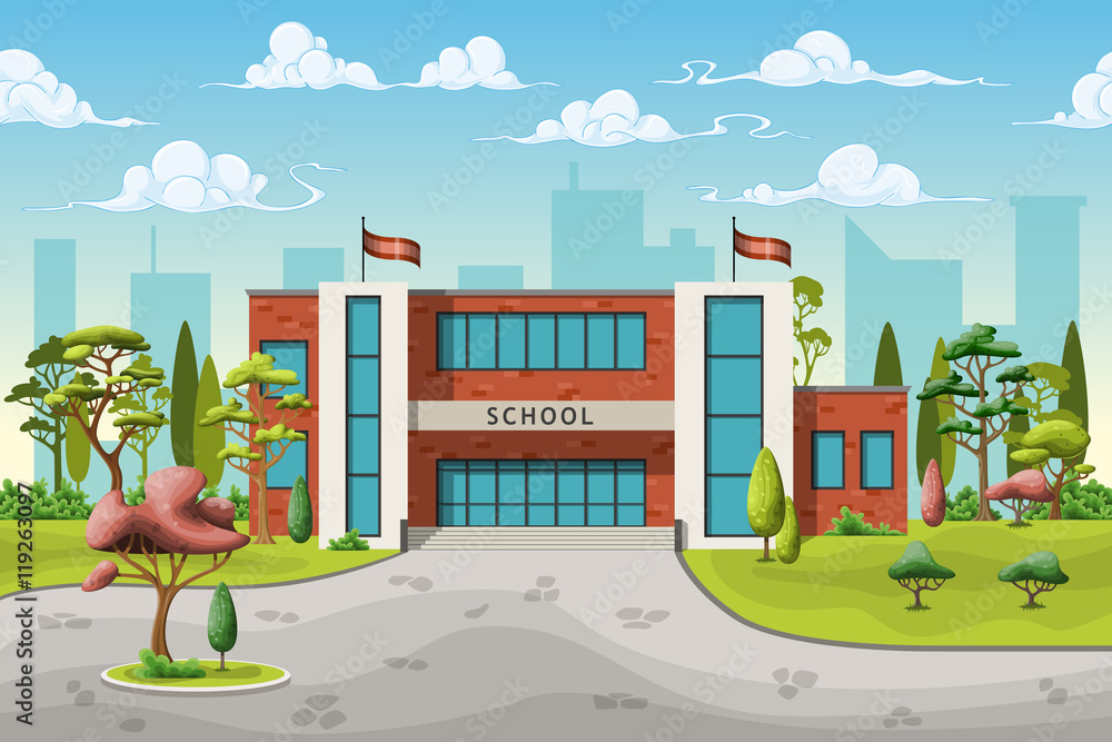 Illustration of a school building in cartoon style Stock Vector | Adobe ...
