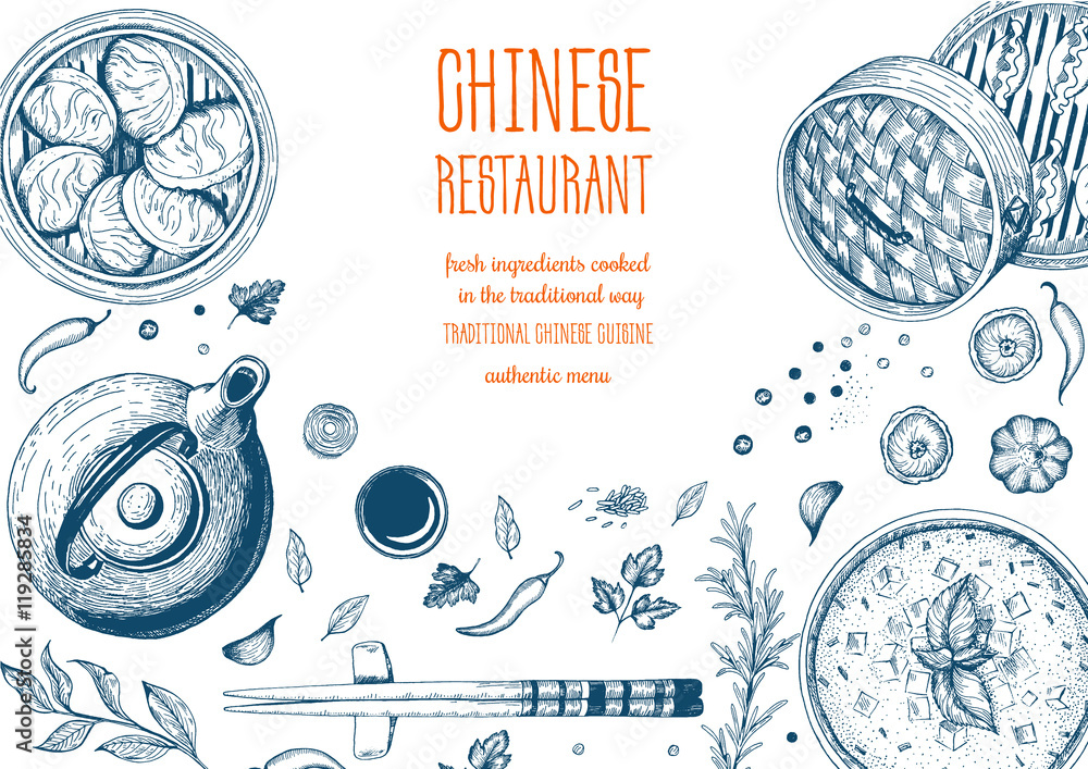 Asian food frame. Linear graphic. Vector illustration Stock Vector ...