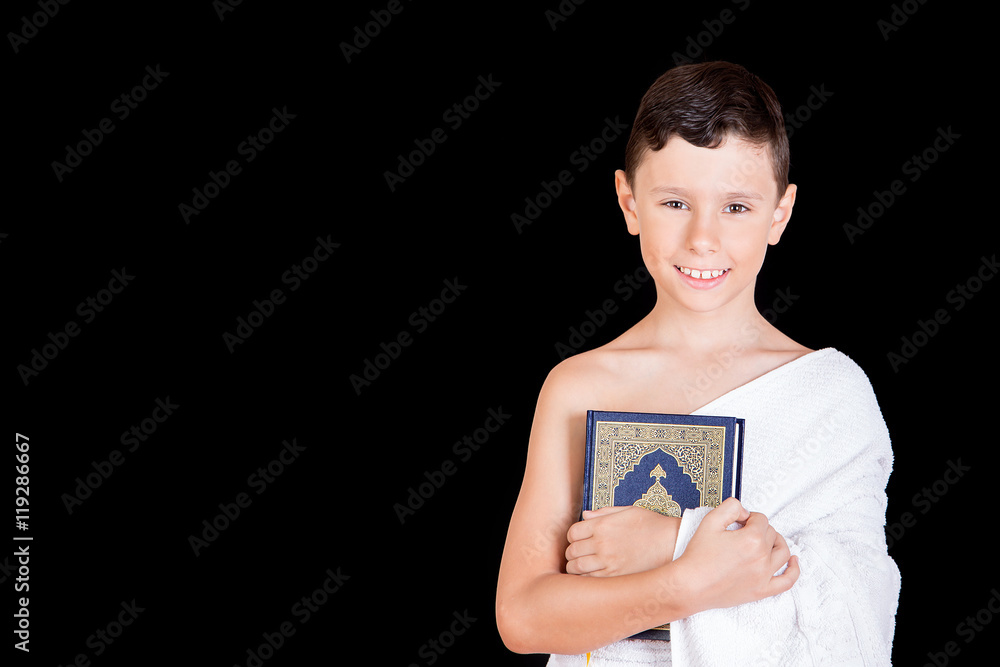 Cute Muslim Kid Praying While Wearing Ihram ( White Traditional Islamic ...