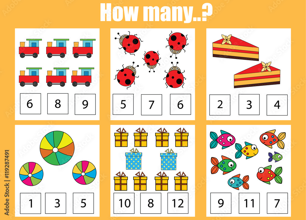 Counting educational children game, kids activity. How many objects ...