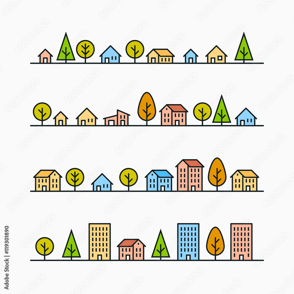 Line buildings and trees in line, 4 different styles, small city, town ...