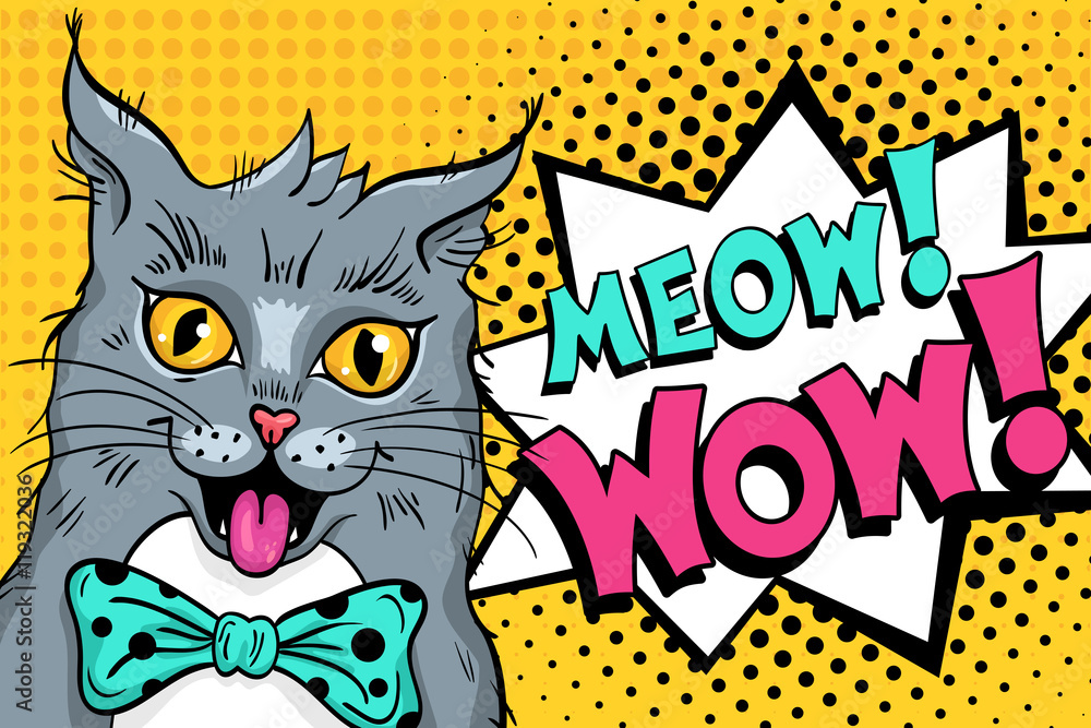 Meow wow! Pop art cat face. Funny surprised cat with open mouth with ...