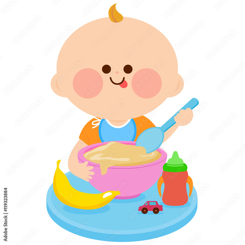 Baby eating his breakfast of cereal and fruits. Vector illustration ...