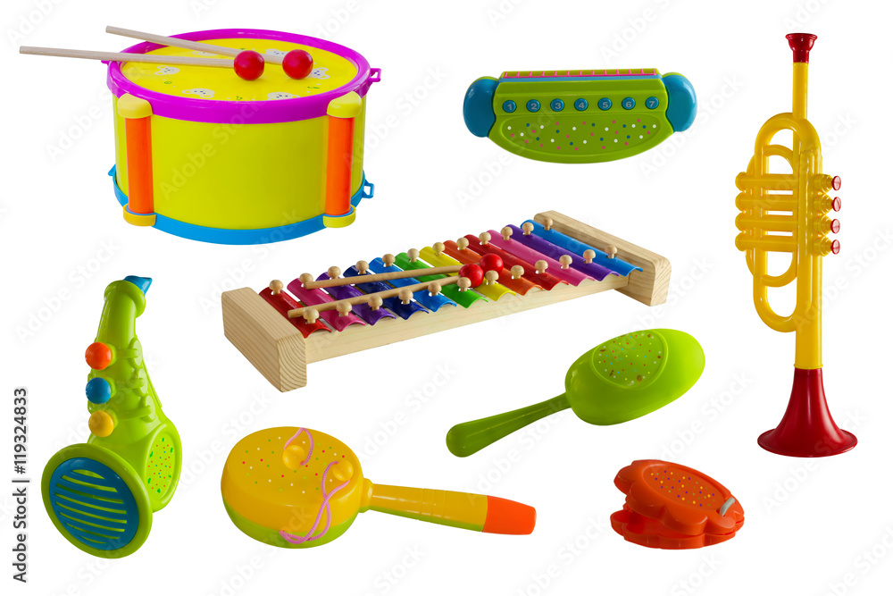 Musical instruments,set on an isolated background, kids. Drum, trumpet ...