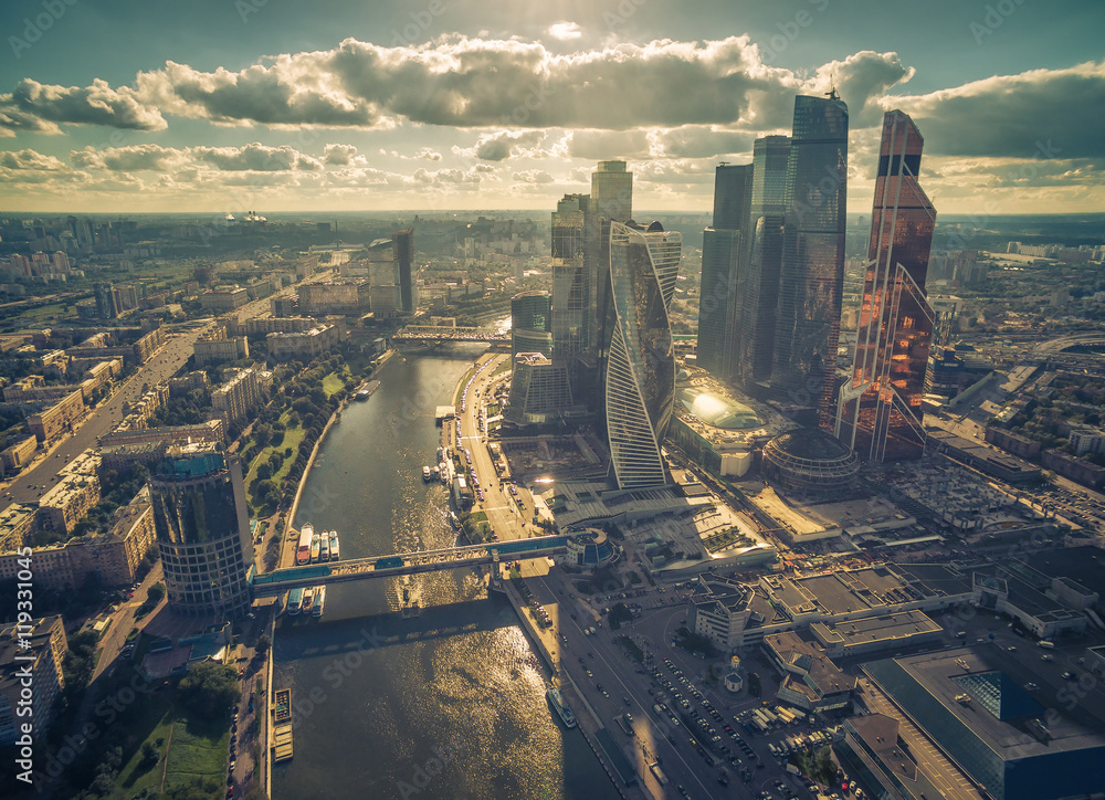 Aerial view of Moscow-City, modern skyscrapers at Moskva River Stock ...