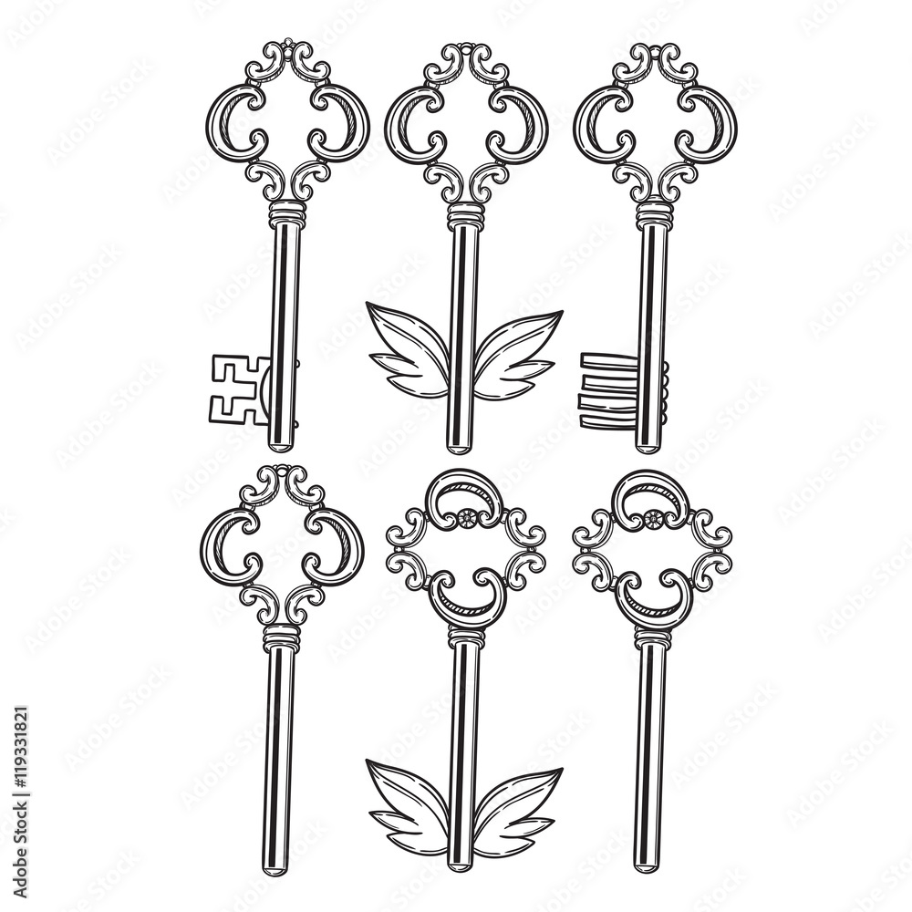 Outline skeleton vintage keys set, old keys in the Baroque style ...