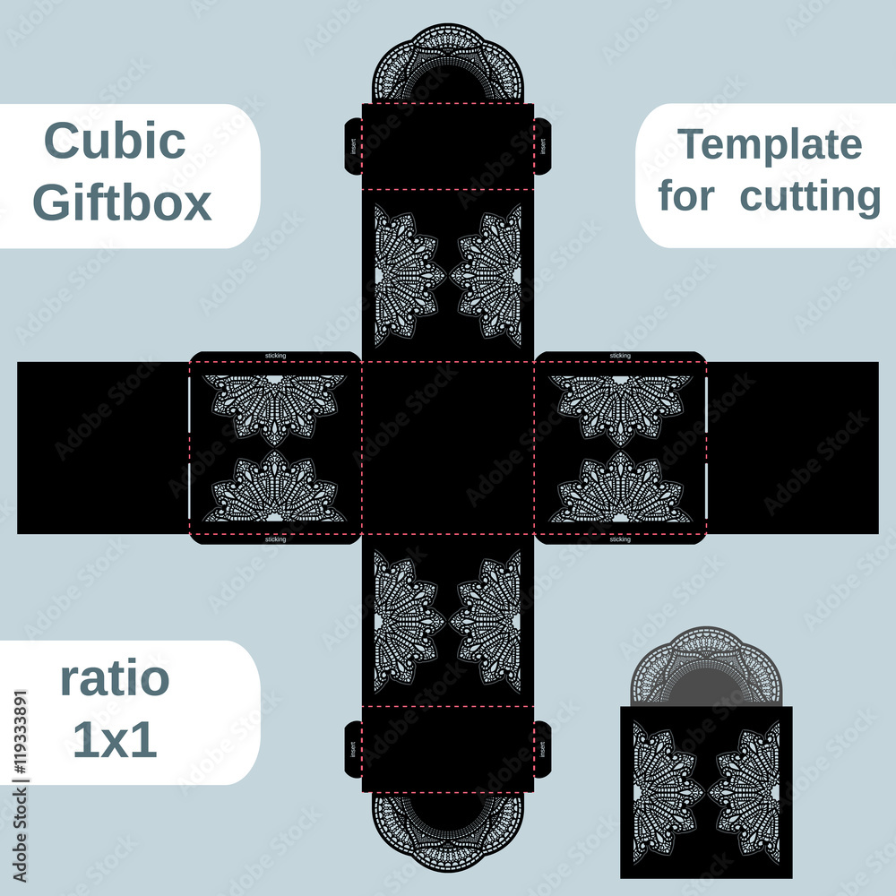 Openwork gift paper box with a handle, lace pattern, cut out template ...