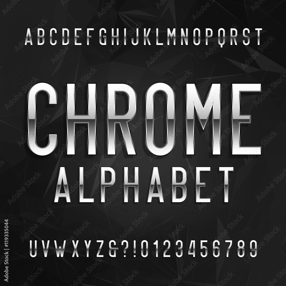 Chrome alphabet font. Metallic effect letters and numbers on a dark ...