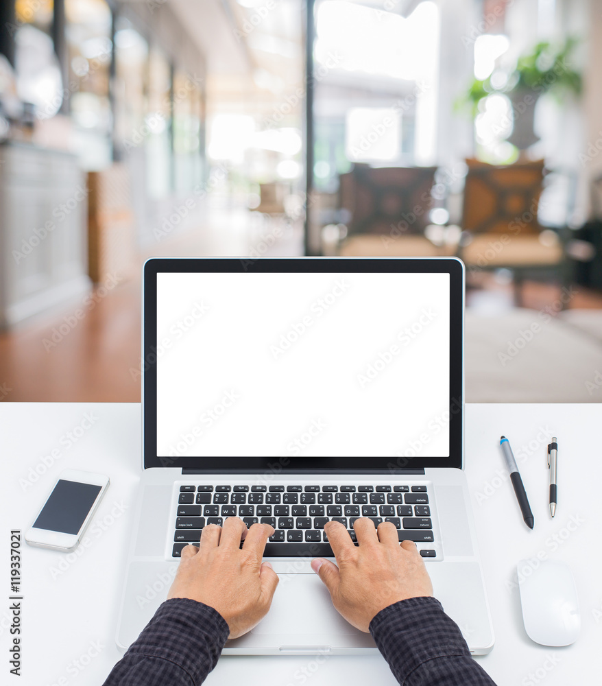 Blank screen laptop computer with blur leaving room background Stock ...