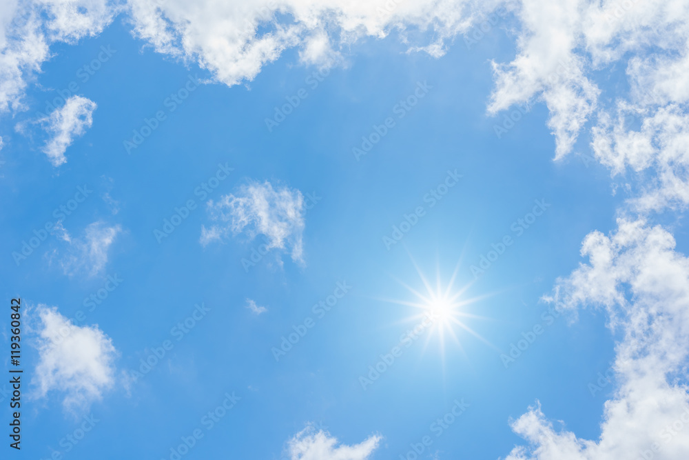 Blue sky with clouds and sun reflection. looking up view Stock Photo ...