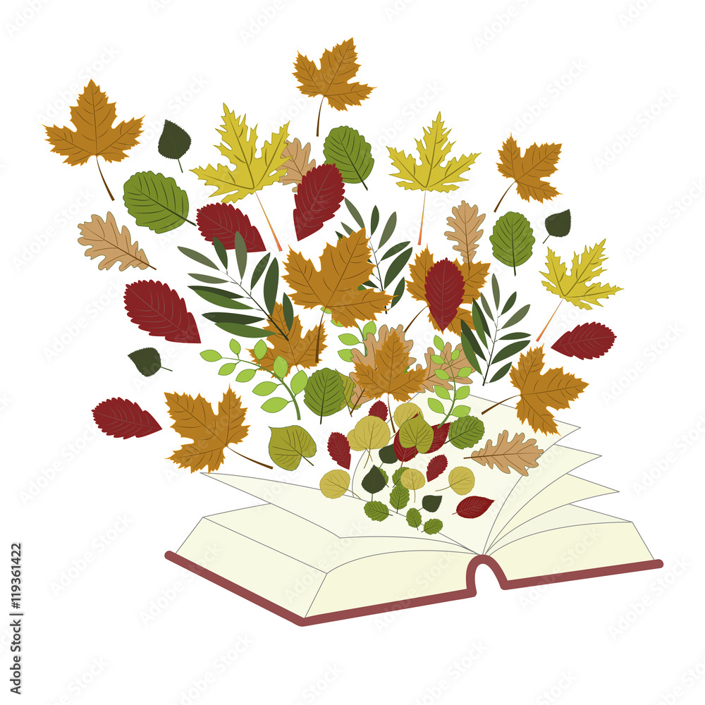 Autumn background with a book and leaves Stock Vector | Adobe Stock