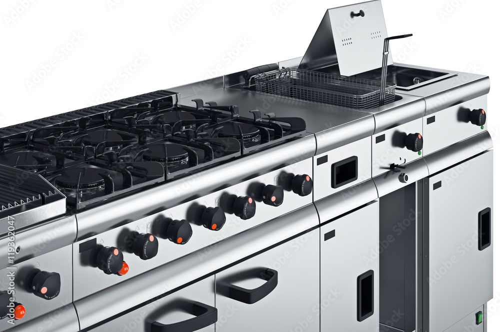 Kitchen equipment modern professional tool, close view. 3D graphic ...
