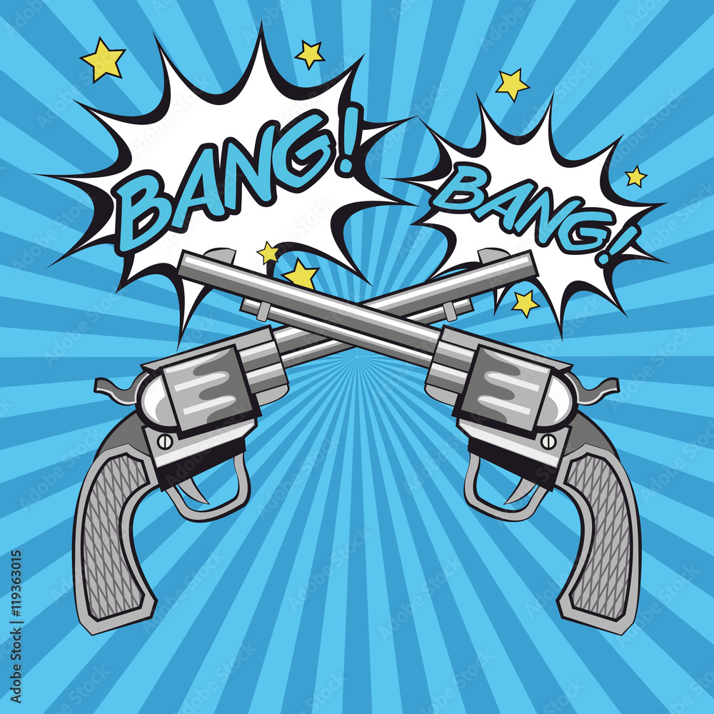 gun revolver bang bubble cowboy pop art comic cartoon icon. Colorful ...