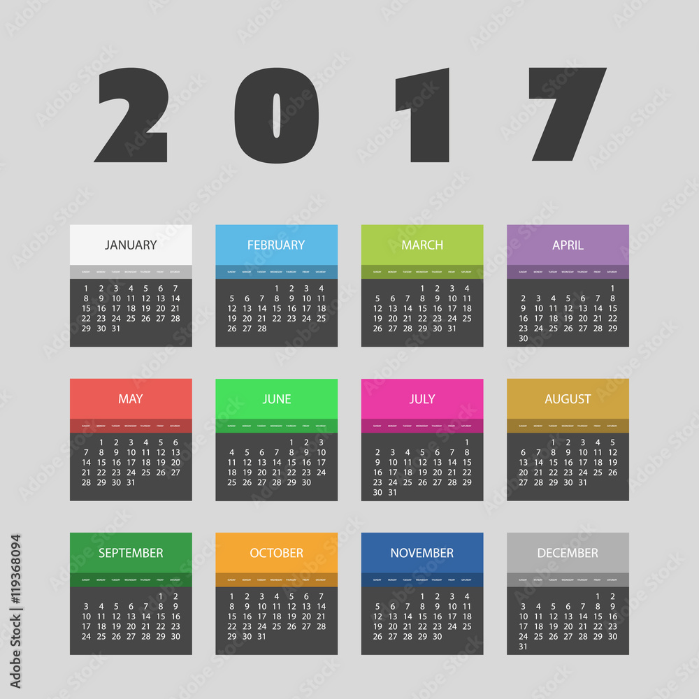 2017 Colorful Calendar Design With Different Colors For Every Month ...