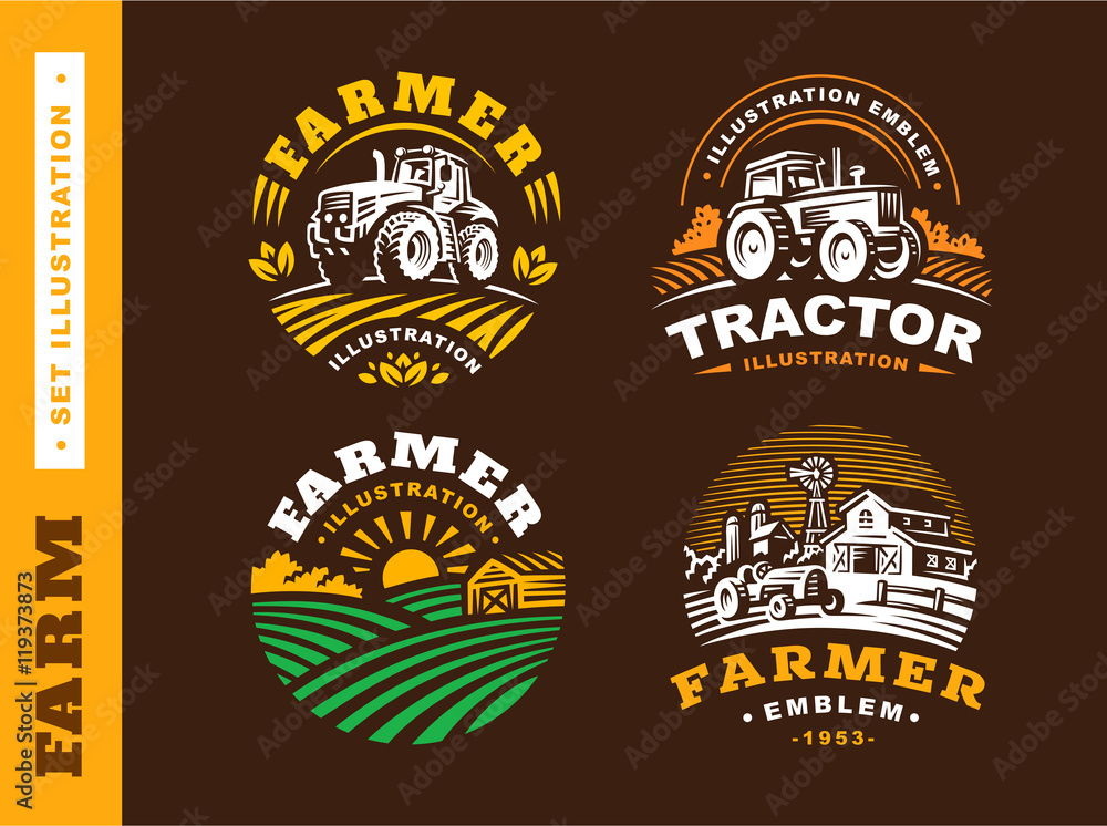 Set Illustration farm logo on dark background Stock Vector | Adobe Stock