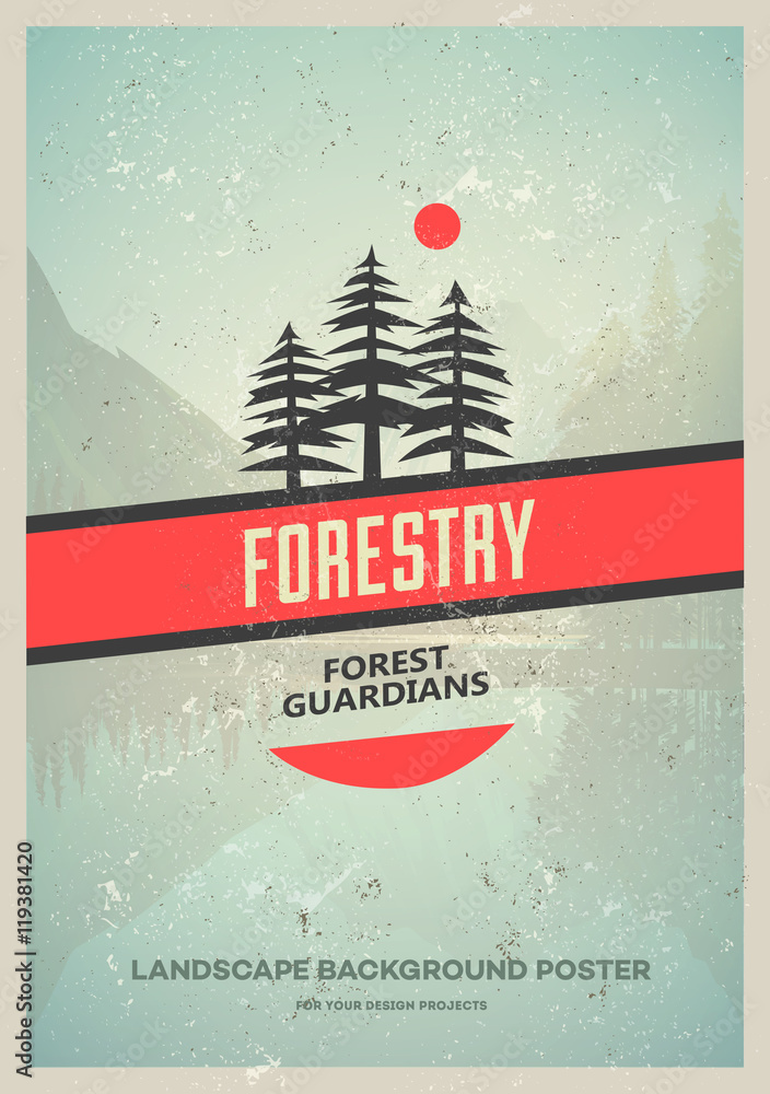 Wilderness poster with pine trees Stock Vector | Adobe Stock