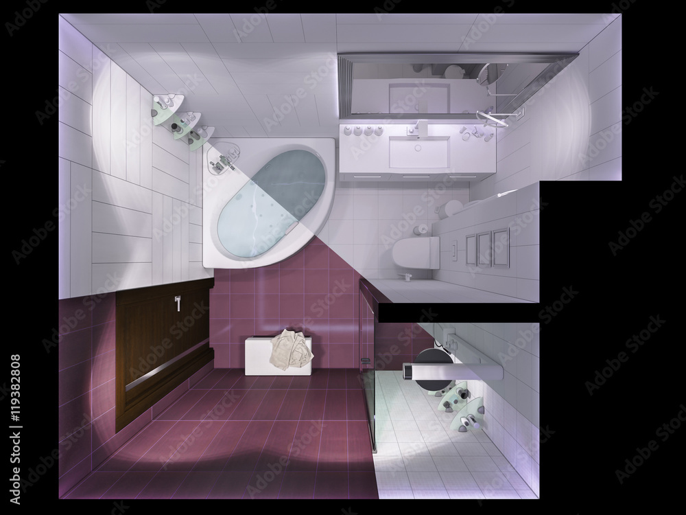 3d render interior design of a bathroom in top view Stock Illustration ...
