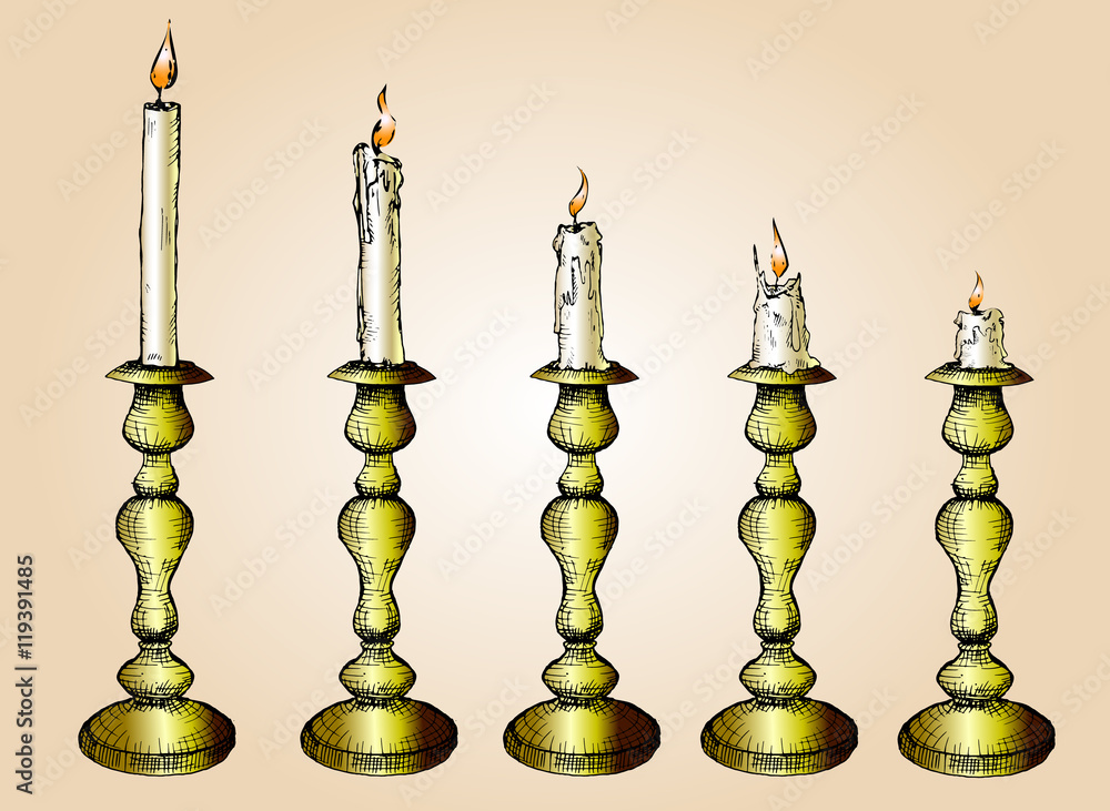 Vector Set of Sketch Candles in gold candlestick. Hand drawn ...