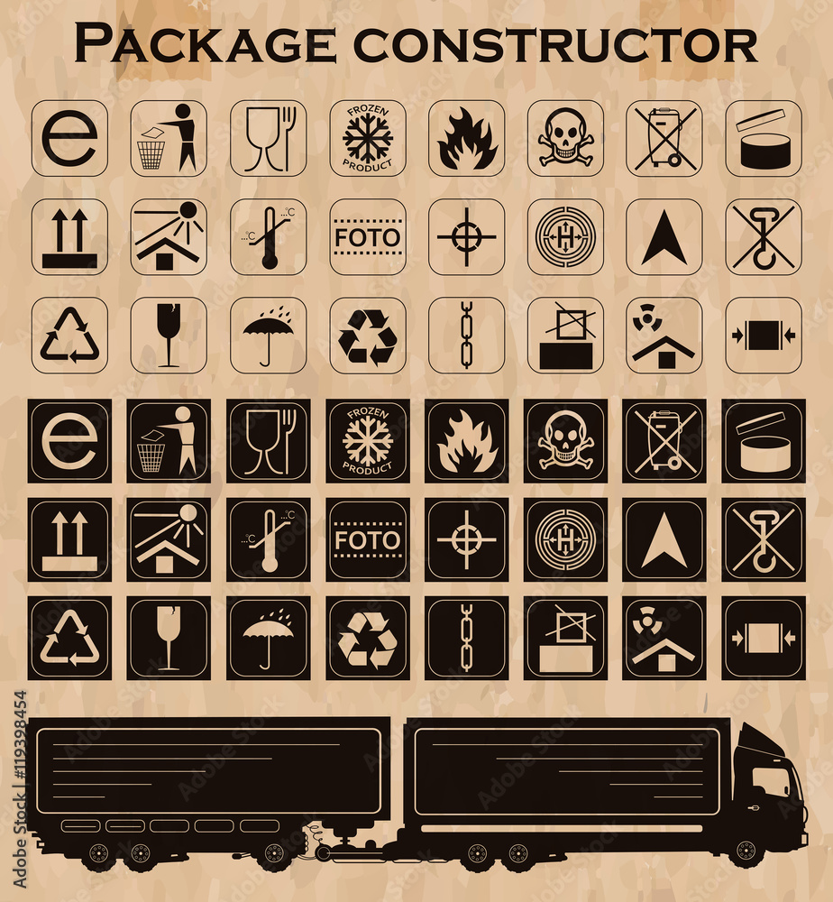 Vector package constructor. Packaging symbols. Icon set including waste recycling, fragile ...