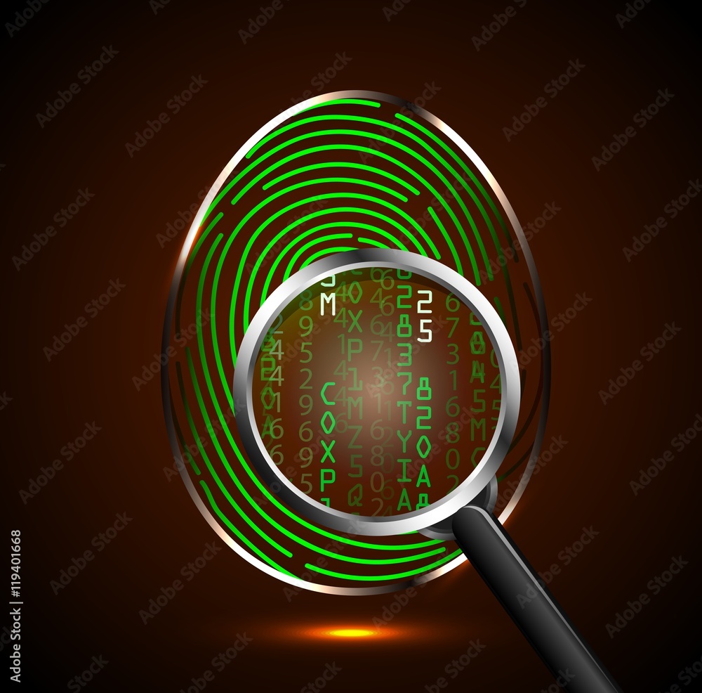 Magnifying glass looking at a fingerprint and showing binary code Stock ...