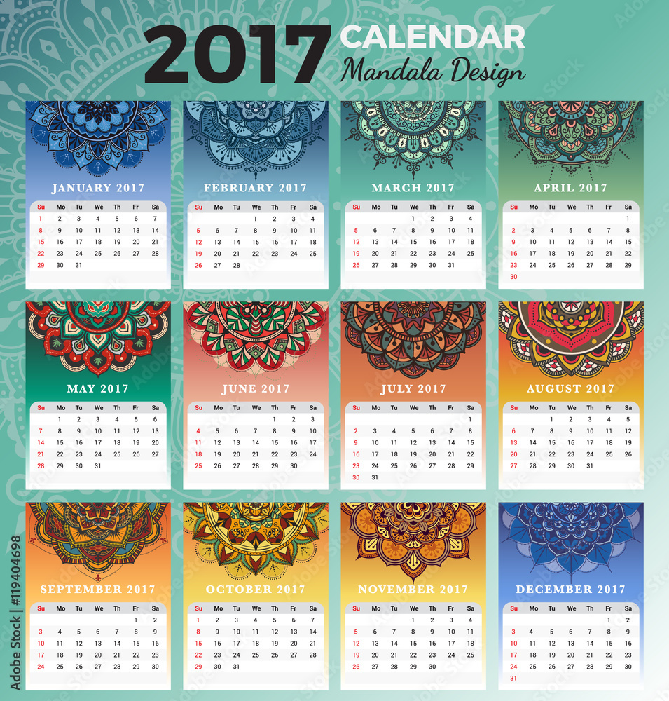 Printable monthly calendar 2017 design with colors of seasons and henna ...