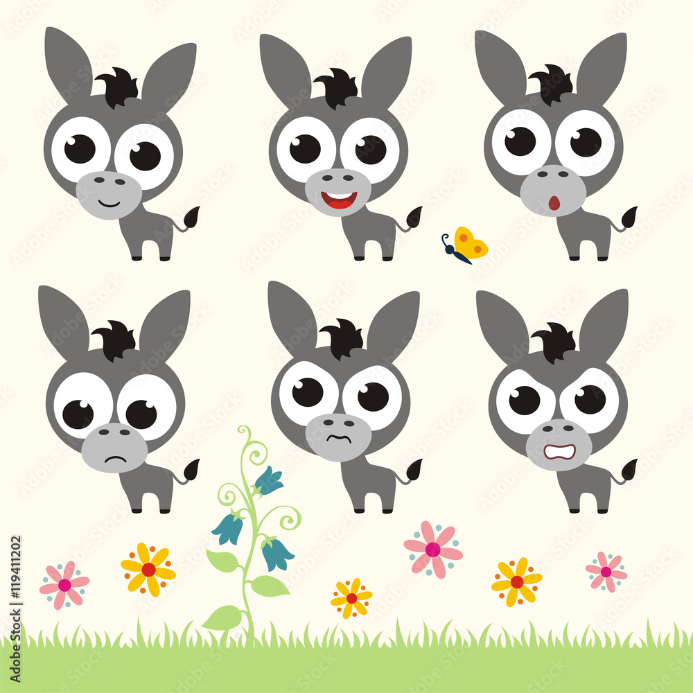 Vector set cute donkey. Collection isolated funny donkey. Emotion ...