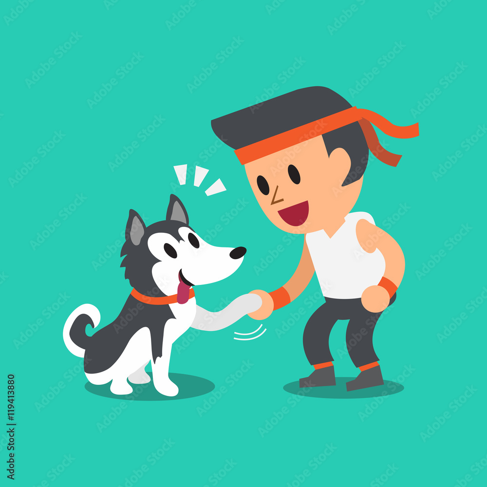 Cartoon man with his siberian husky dog Stock Vector | Adobe Stock