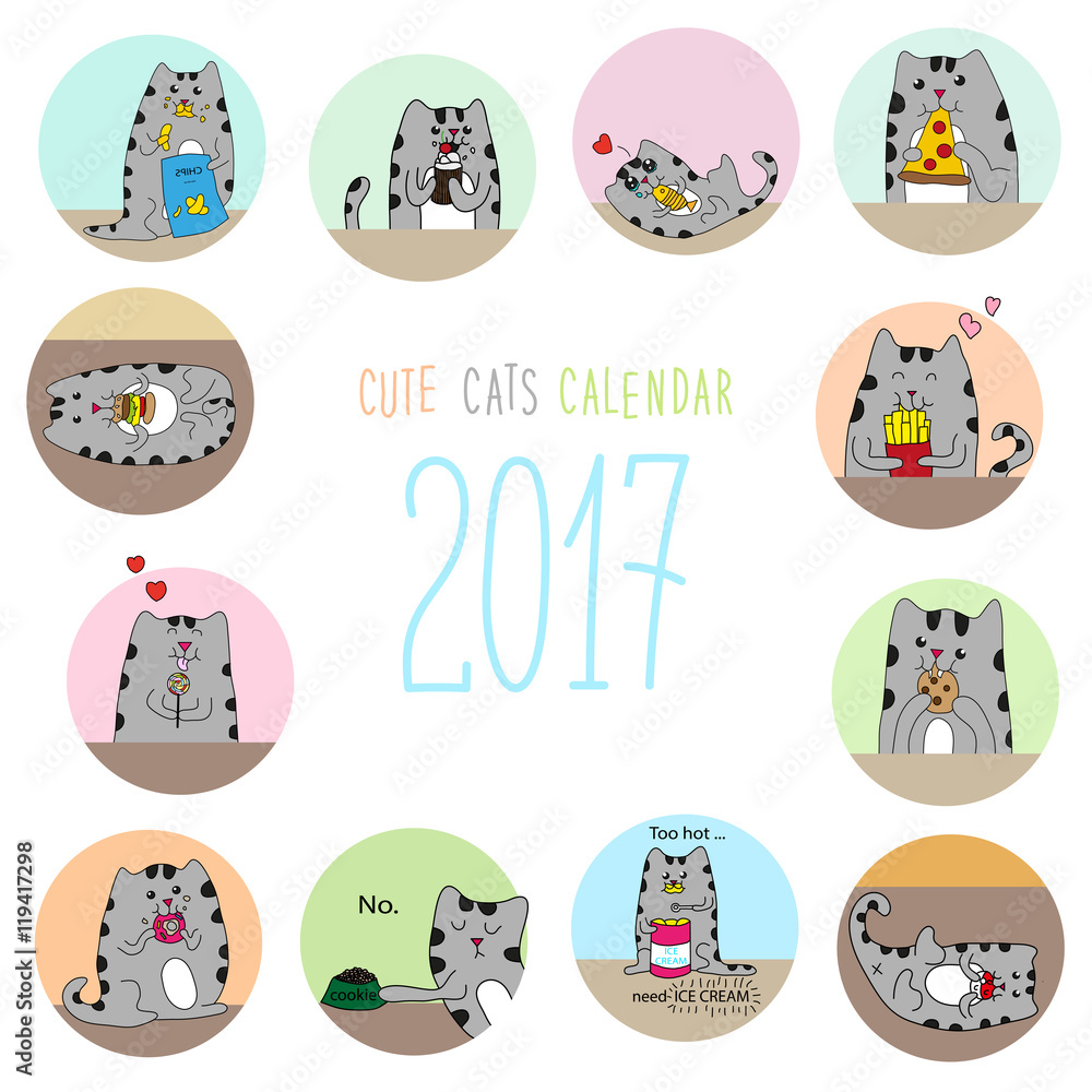 Cute childish 2017 calendar cover page with funny hand drawn cartoon ...