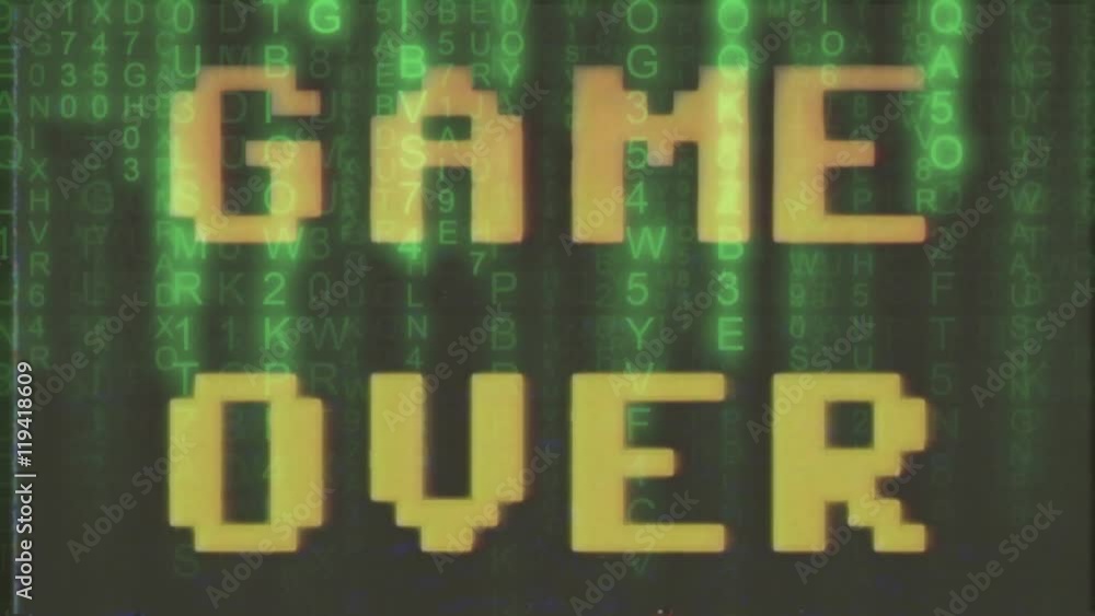 A game over screen, VHS tape 8 bit retro style, mixed with code rain ...