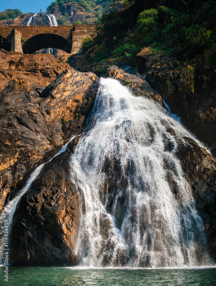 Beautiful view of the Dudhsagar waterfall. The largest waterfall in Goa ...