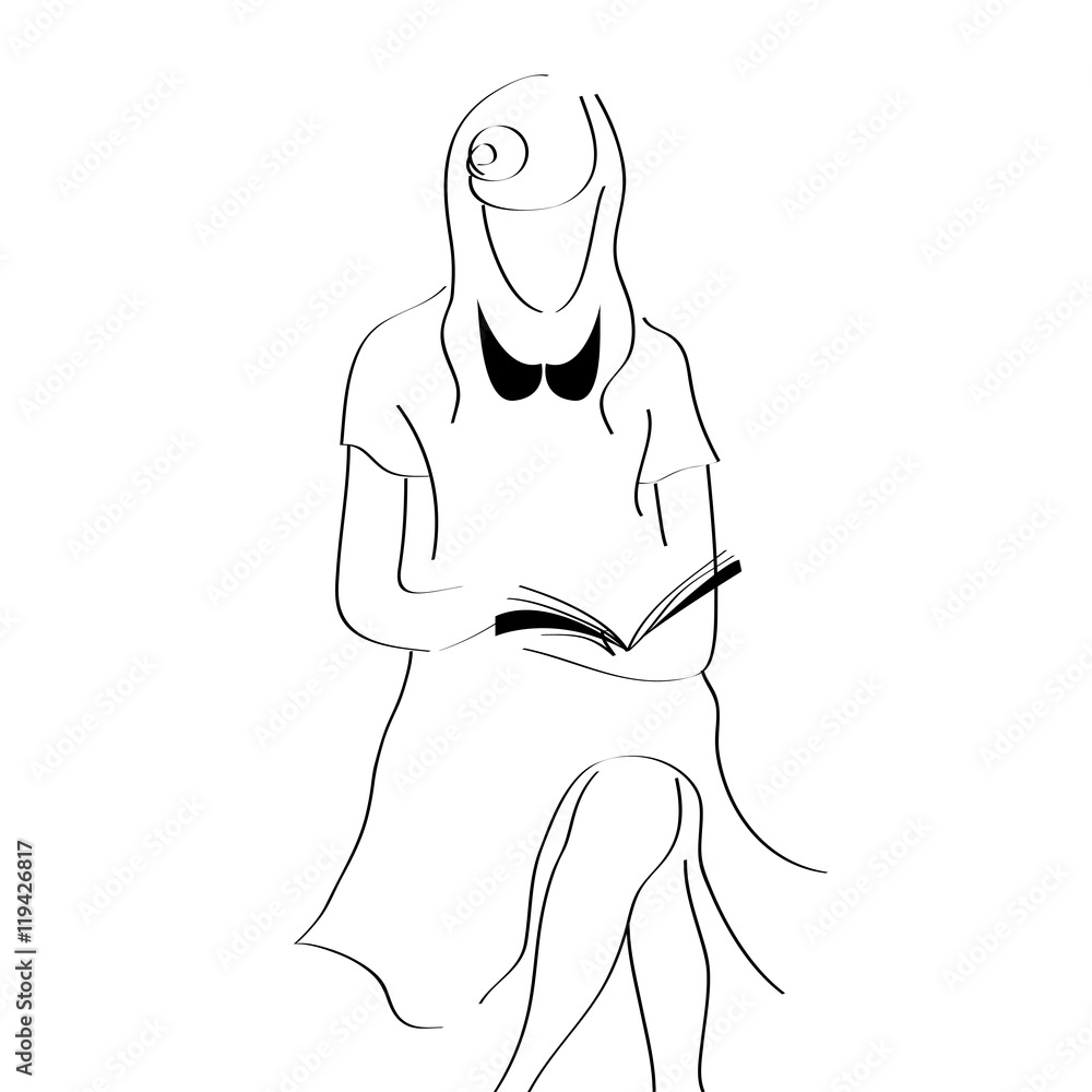 Abstract reading woman line art illustration; student studying Stock ...