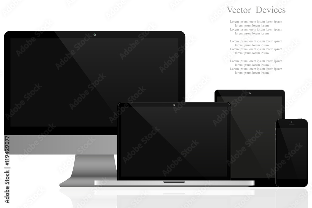 Set of realistic computer monitors, laptops, tablets and mobile phones. Electronic gadgets ...