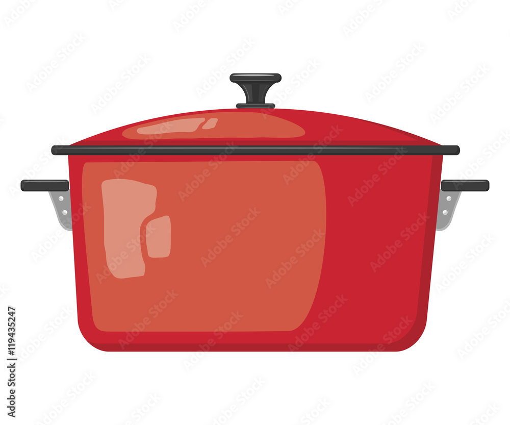 Cartoon red pot with lid on white background. Kitchen utensils. Stock ...