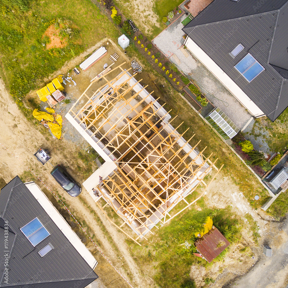 Construction site of new family house. Aerial view of area for pleasant ...