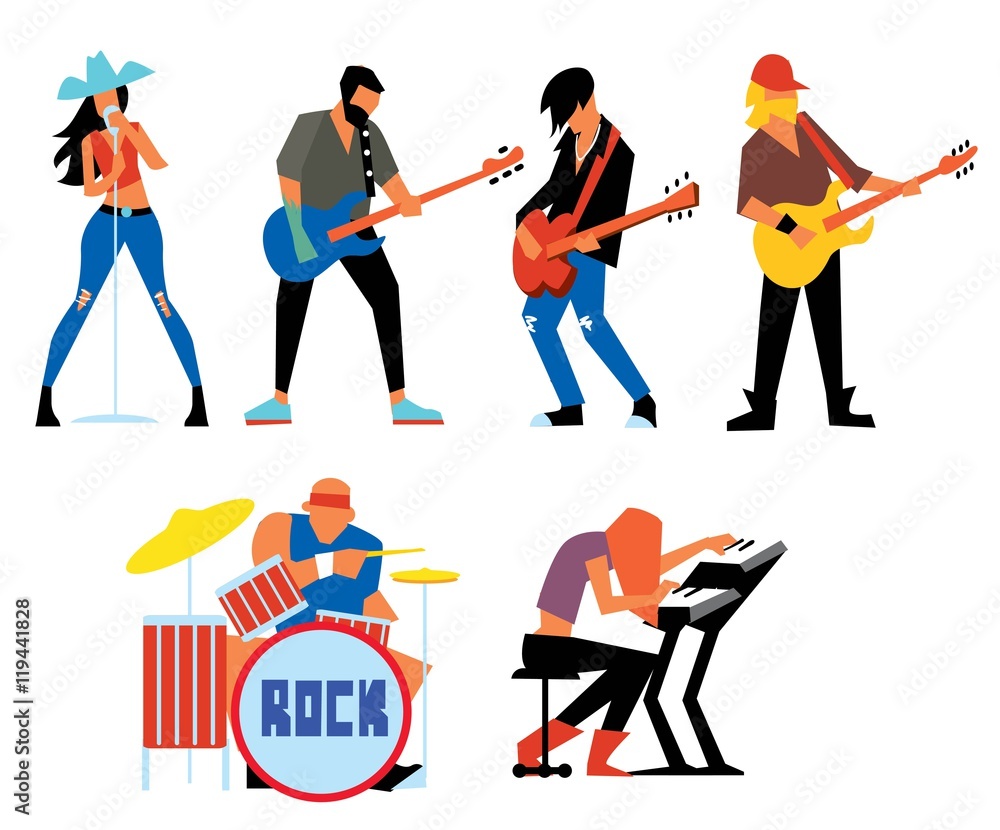 Musicians rock group isolated on white background. Singer, guitarist ...