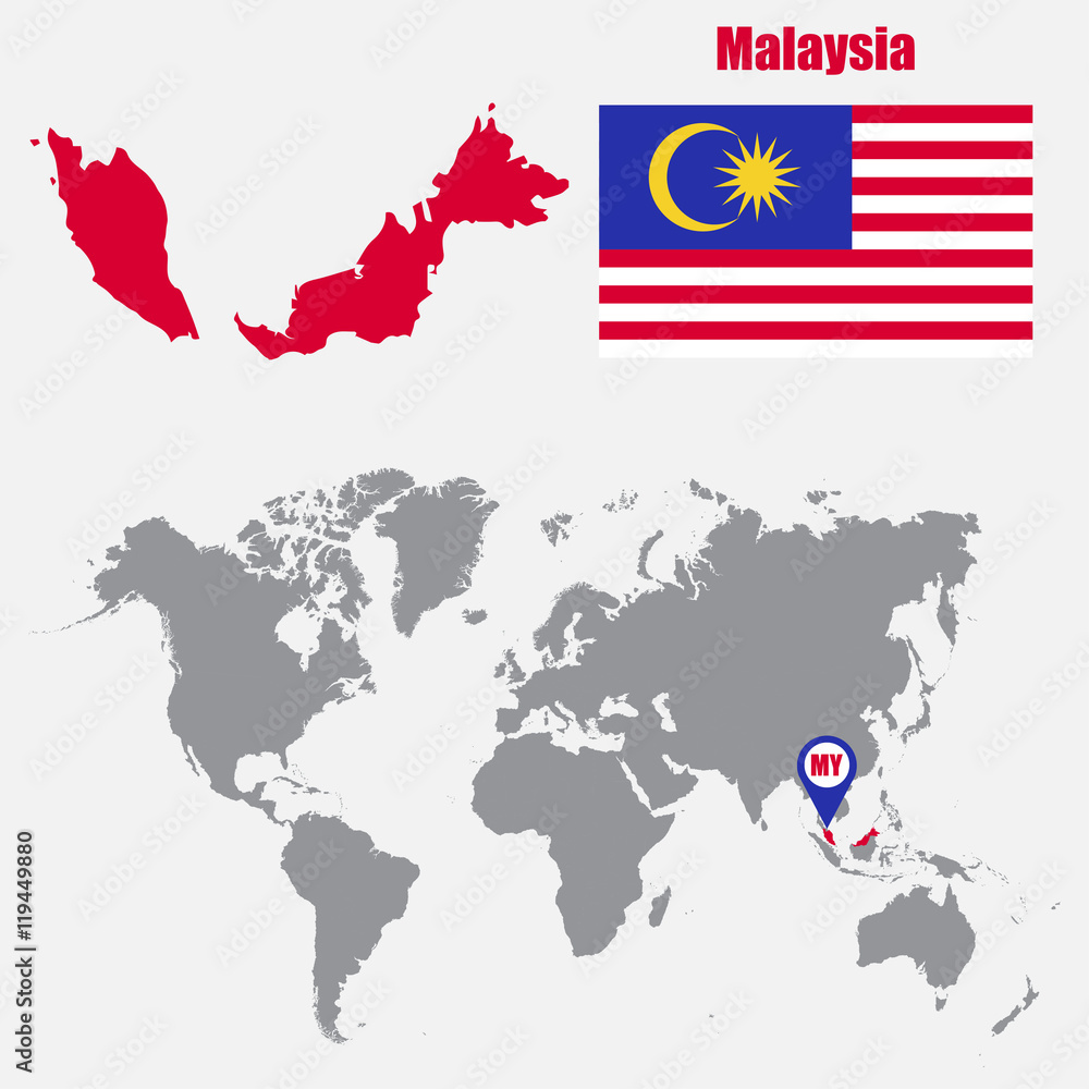 Malaysia map on a world map with flag and map pointer. Vector ...