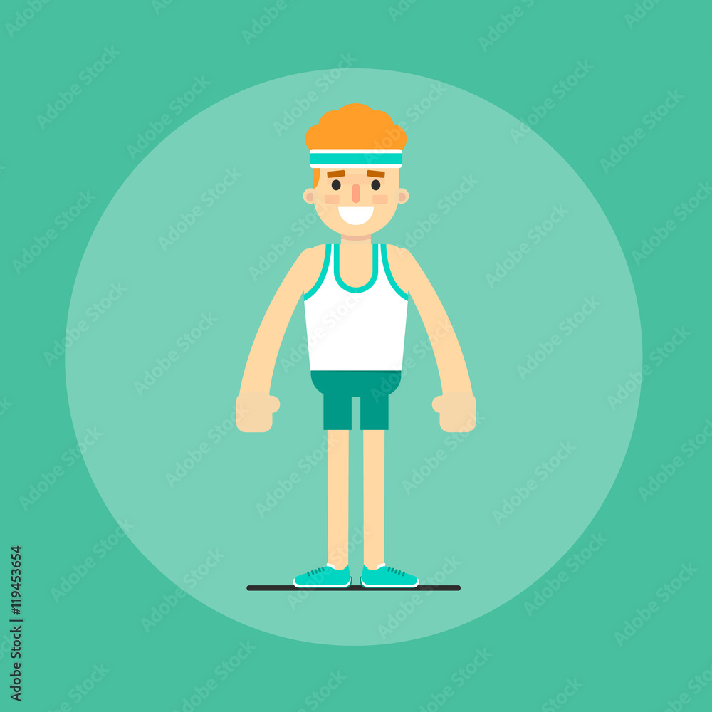Athletic young man doing exercises, vector illustration in flat style ...