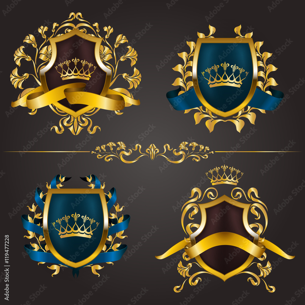 Set of golden royal shields for graphic design on background. Old frame ...