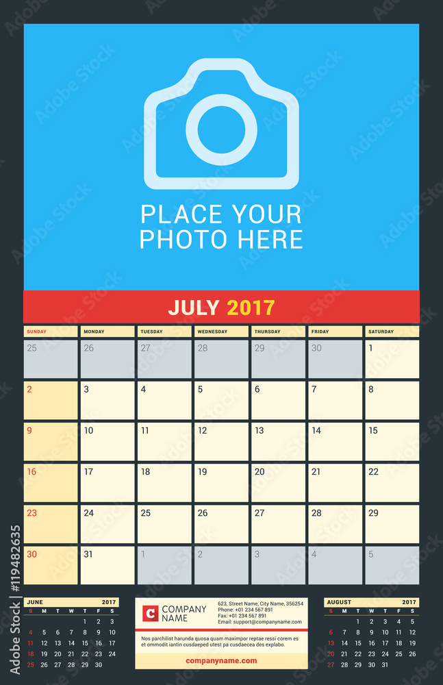 Wall Calendar for 2017 Year. July. Vector Design Print Template with ...