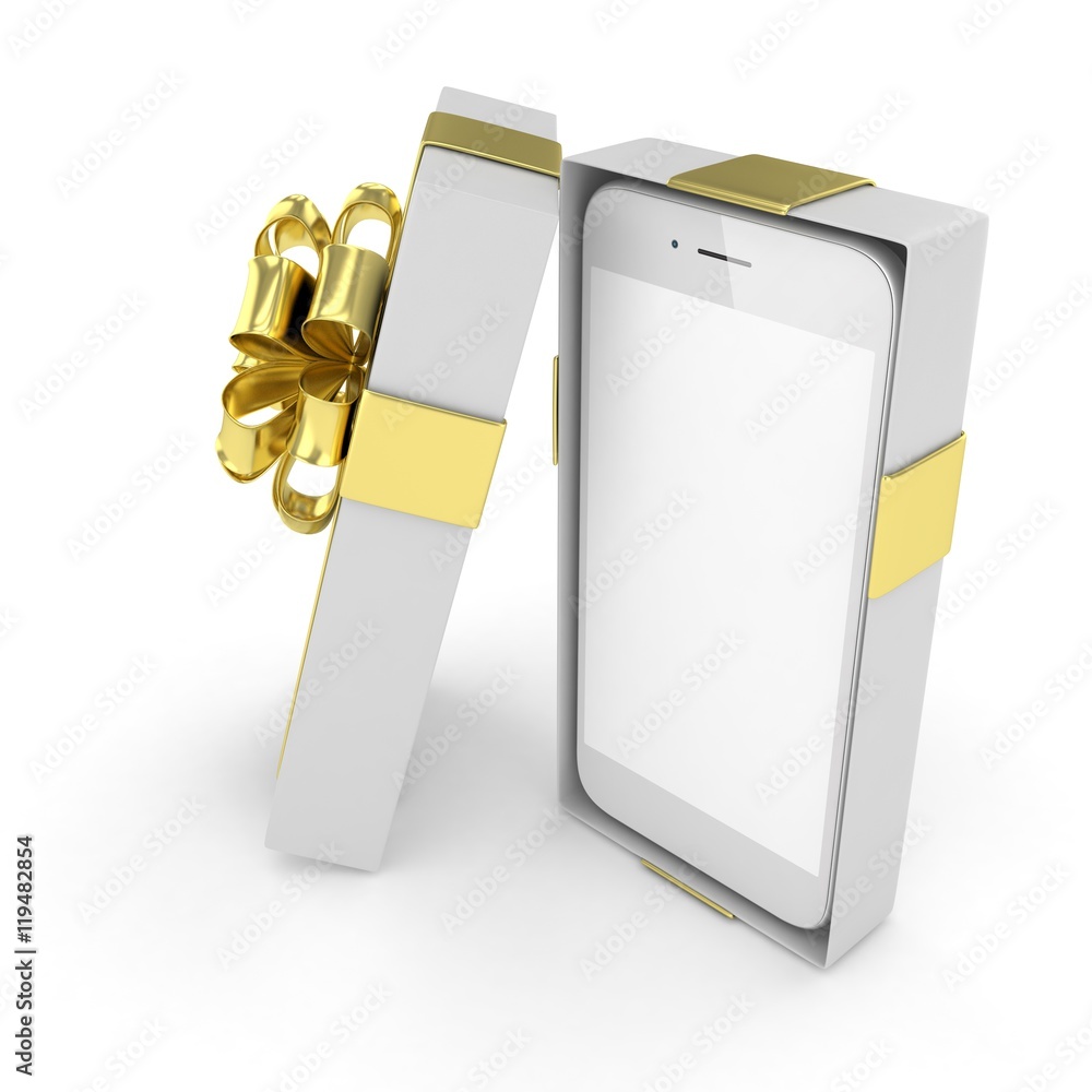 Smartphone in gift box. Isolated on white background. 3d rendering ...
