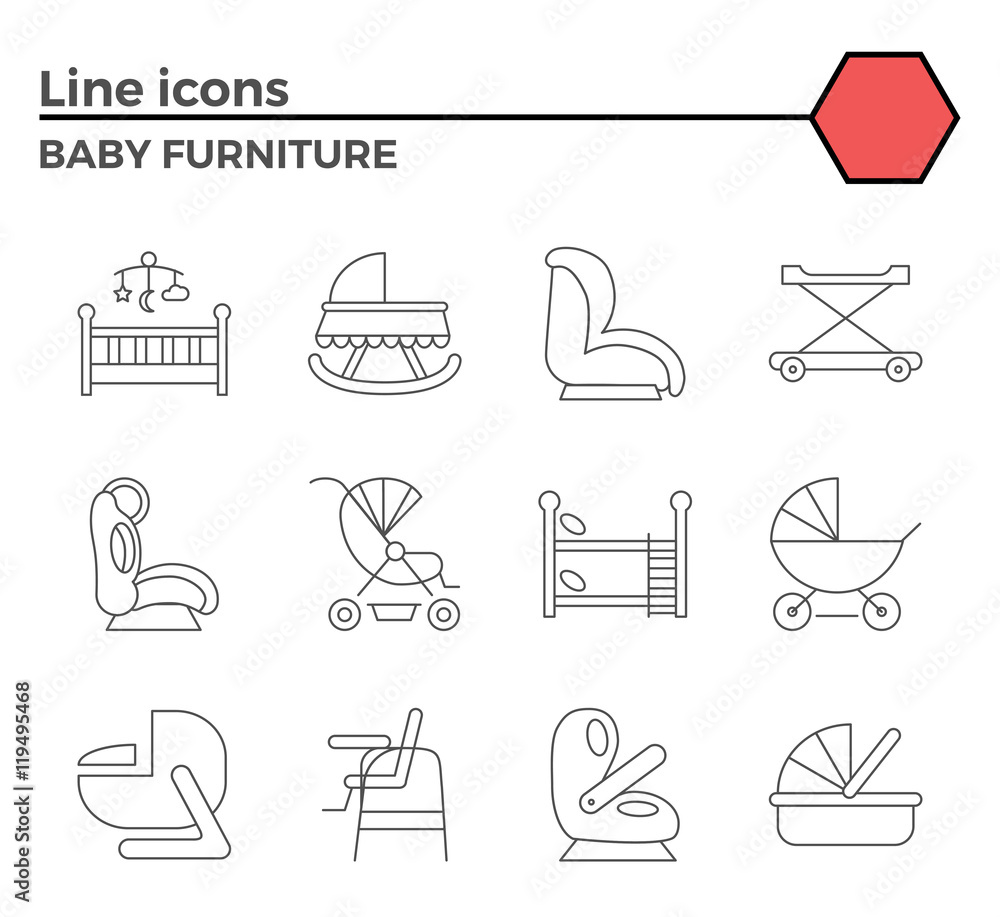 Baby furniture thin line related icons set on white background. Simple ...