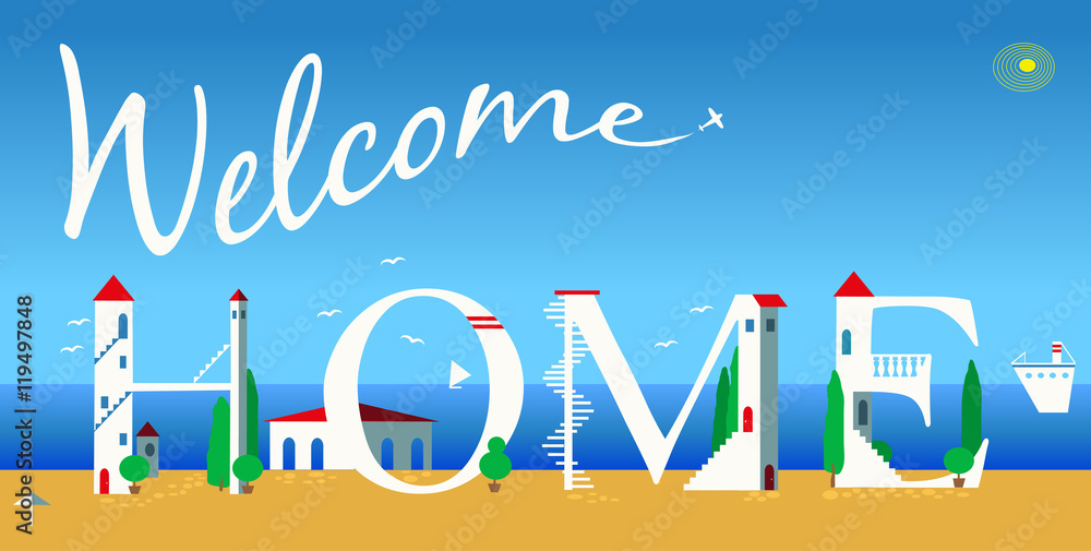 Welcome home. White buildings on the beach Stock Illustration | Adobe Stock